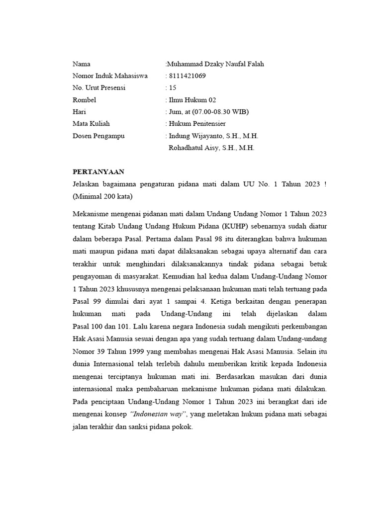 15 - Muhammad Dzaky Naufal Falah - 8111421069 - Tugas Pengaturan Pidana ...