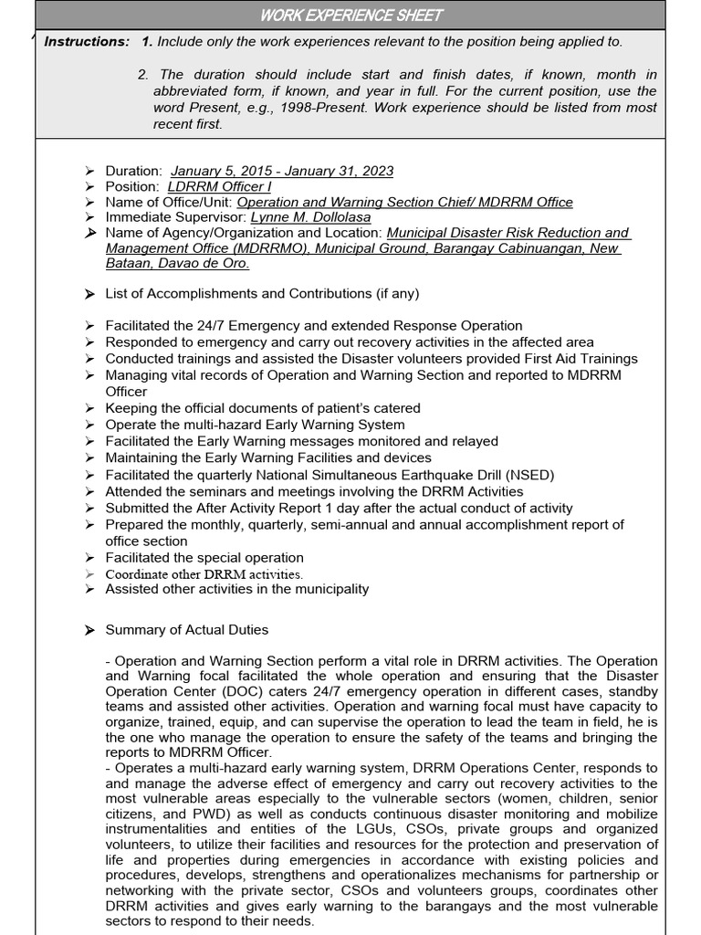 CS_Form_No_212_Work_Experience_Sheet | PDF | Emergency | Public Safety