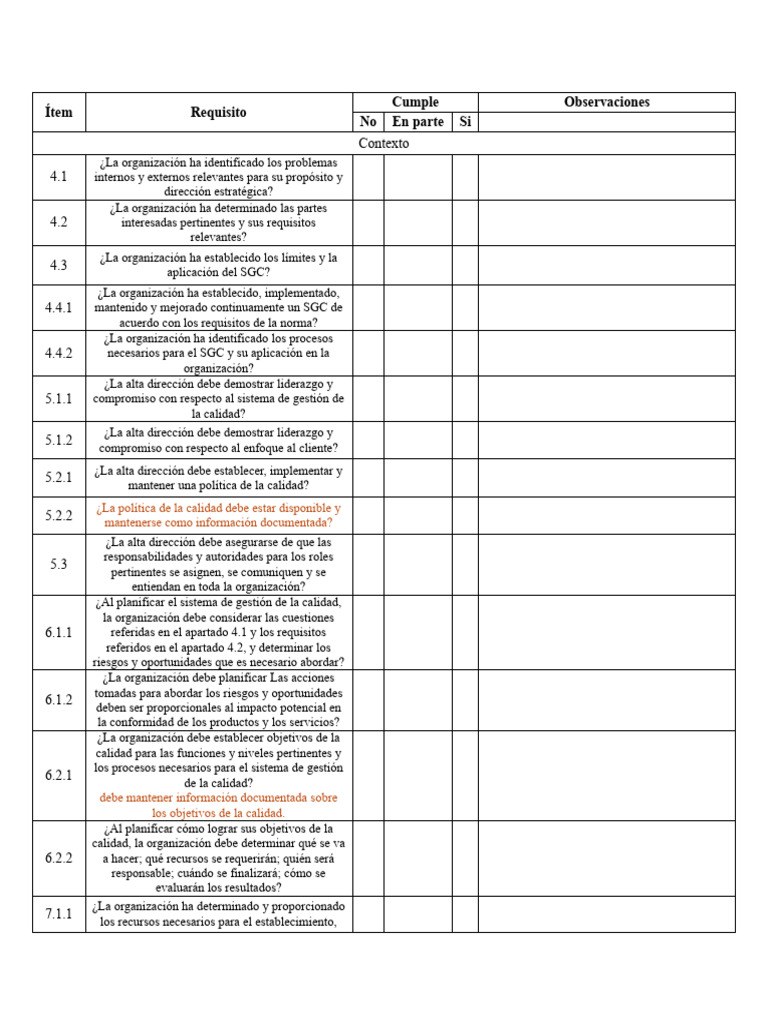 Checklist ISO 9001 | Descargar gratis PDF | Calidad (comercial ...