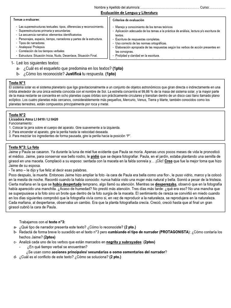 Evaluaci n De Lengua Y Literatura 2do A o 2024 PDF Sistema