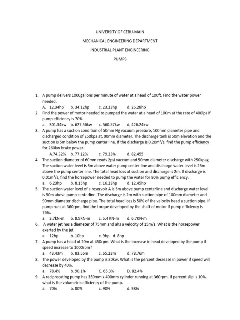 Pumps Problem Set Edited | PDF | Pump | Horsepower