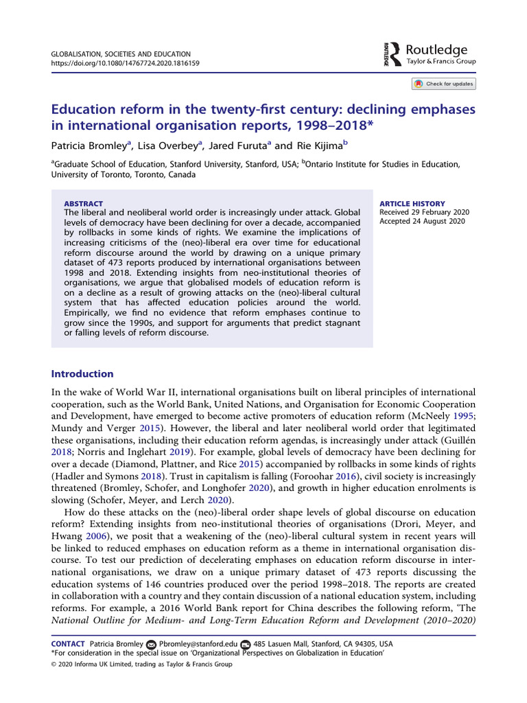 Education Reform in The Twenty-!rst Century: Declining Emphases in ...