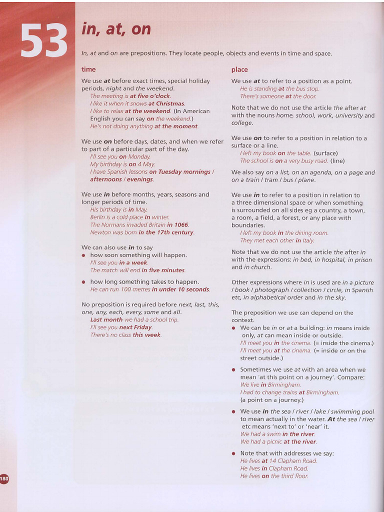 Prepositions In, On, at - Place and Time | PDF