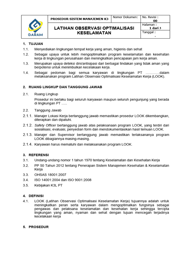 SOP 88 Latihan Observasi Optimalisasi Keselamatan - LOOK - BBS (Behavior Base Safety) - Garam | PDF