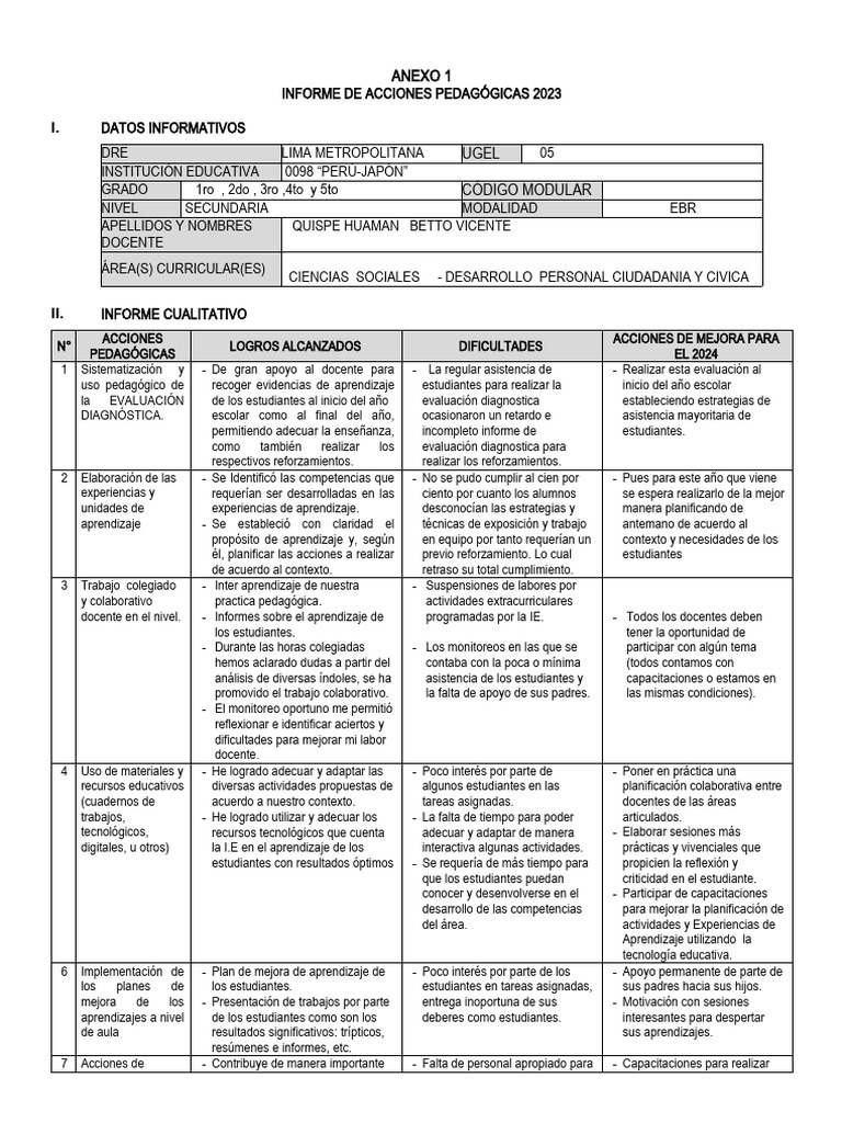 INFORME ACCIO. PEDAGOG. 2023 | PDF | Evaluación | Maestros