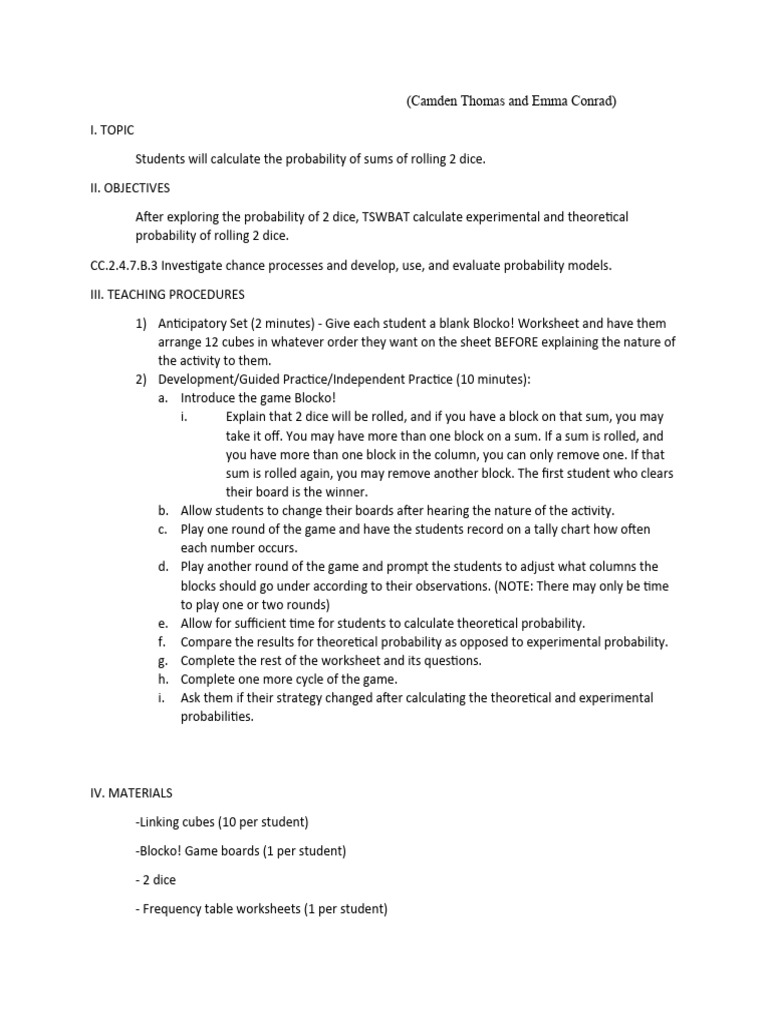 Math Methods Manipulative Lesson Plan | Download Free PDF | Probability ...