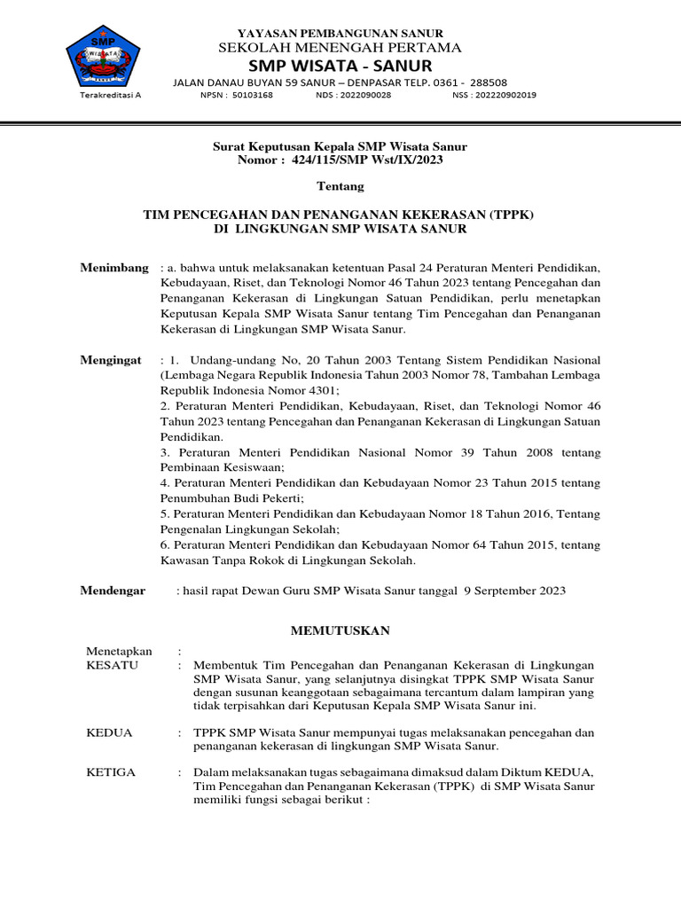 SK Tim TPPK SMP Wisata Sanur | PDF