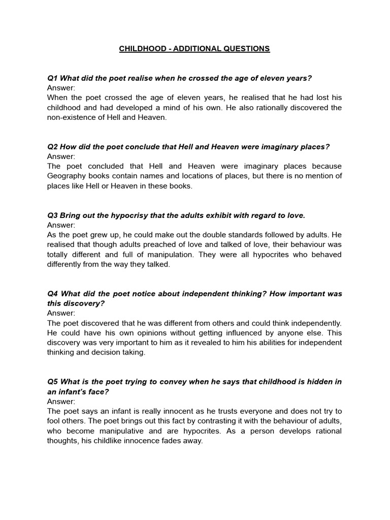 Childhood - Additional Questions-1 | PDF | Thought | Psychology