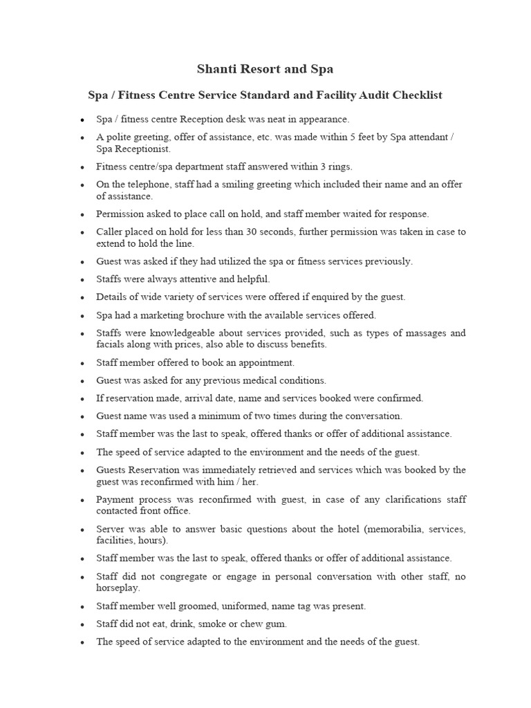 Spa and Fitness Service Standards Audit | PDF | Career & Growth | Wellness