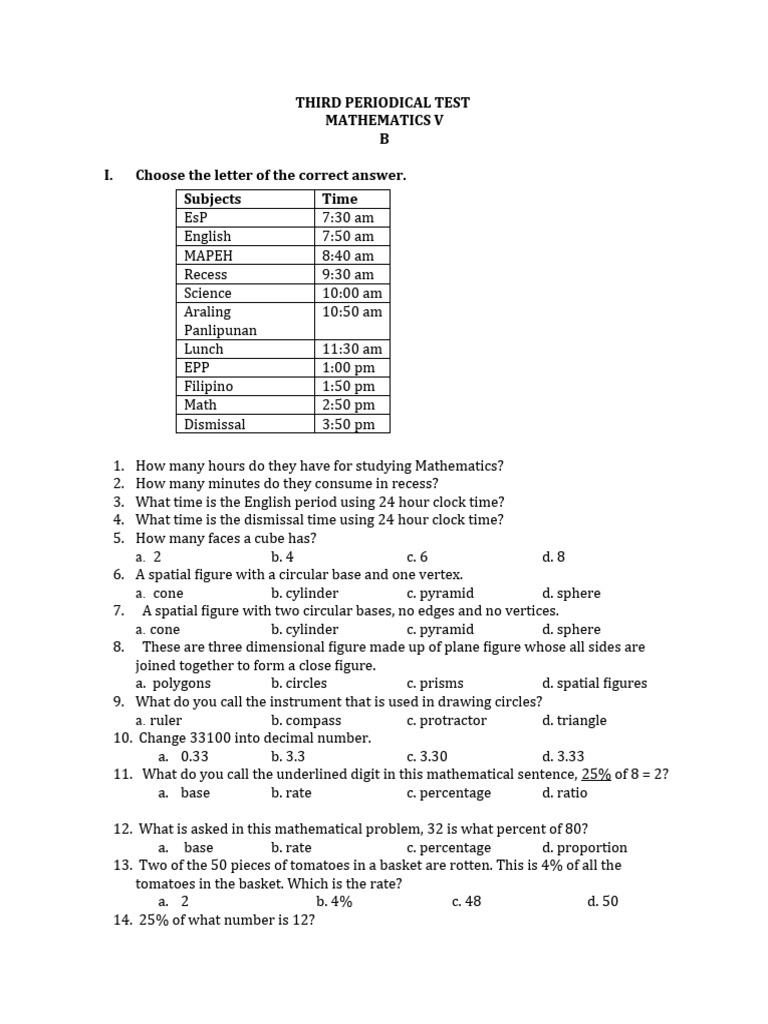 THIRD PERIODICAL TEST Grade 5 B | Download Free PDF | Polygon | Shape