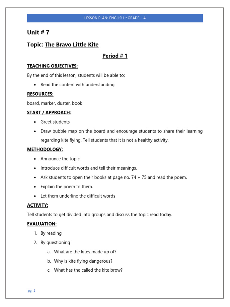 Lesson Plan Class 4 English Chapter 7 To 12 | Download Free PDF ...