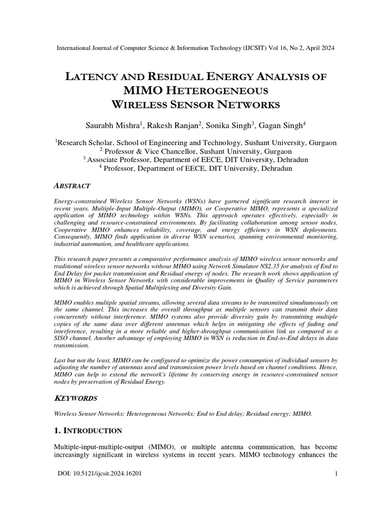 Latency And Residual Energy Analysis Of Mimo Heterogeneous Wireless Sensor Networks Pdf Mimo 