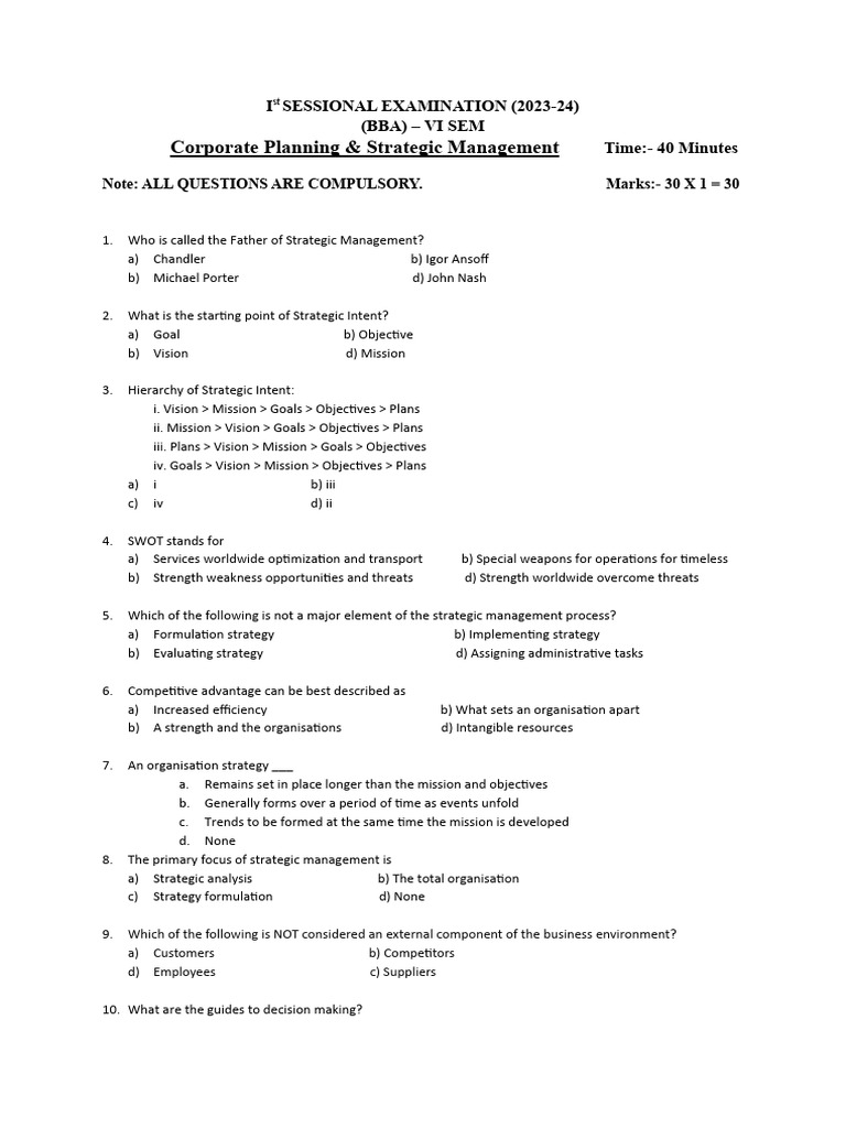 BBA 6th Sem Strategic Management MCQs | PDF | Strategic Management ...