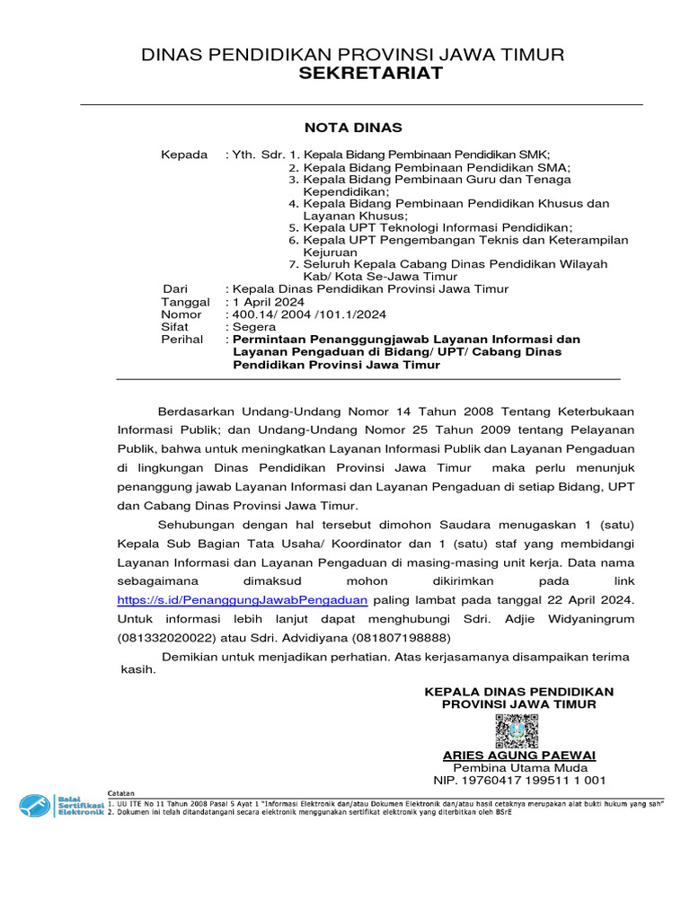 Nota Dinas Permintaan Staf PPID - Sign | PDF