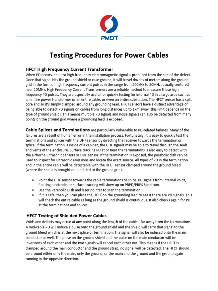 Testing Procedures For Power Cables | PDF | Transformer | Ultrasound