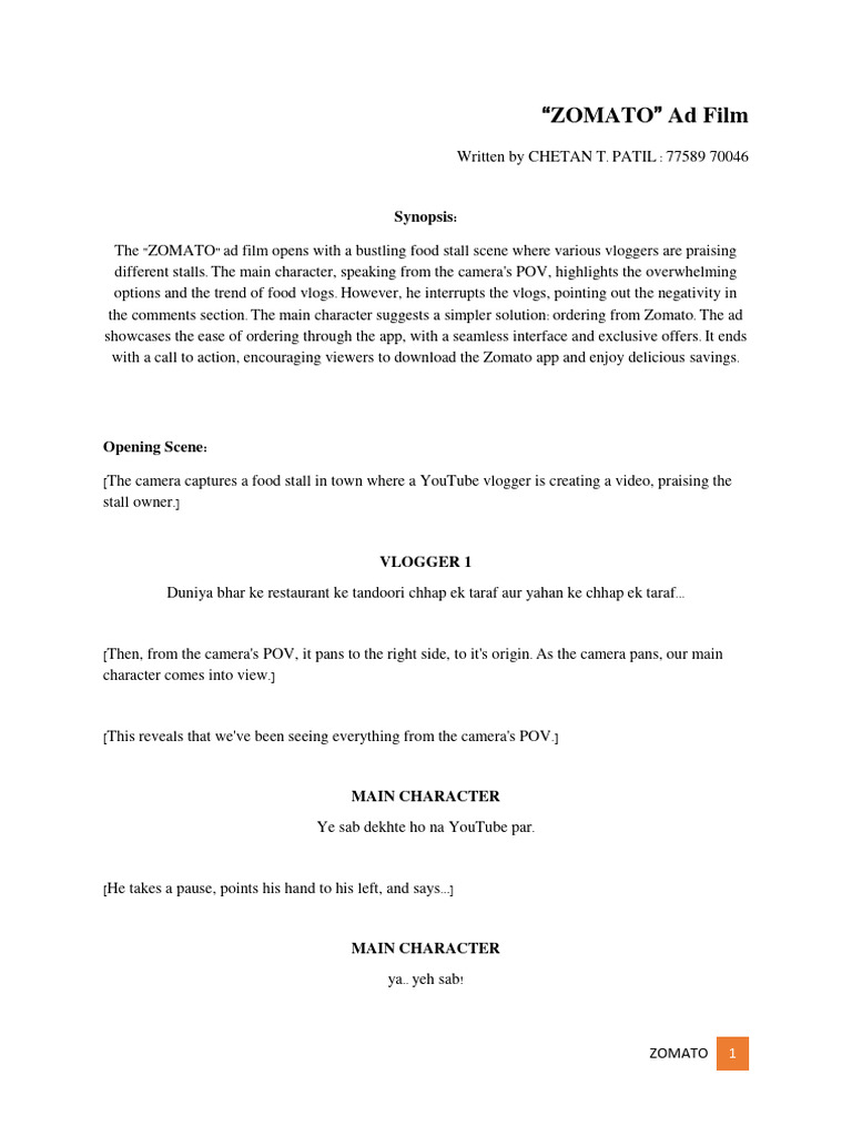 ZOMATO adfilm script | PDF | World Wide Web | Internet & Web