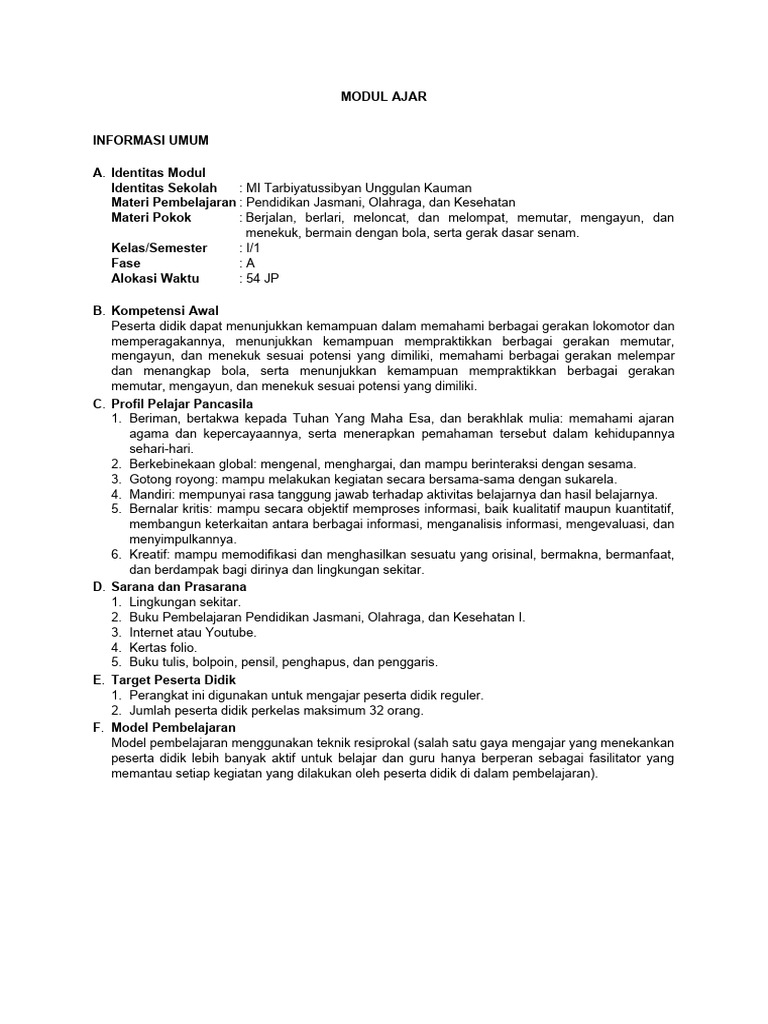 Modul Ajar Pjok Kelas 1 Sd/mi Kurmer | PDF | Pengembangan Diri | Sains & Matematika
