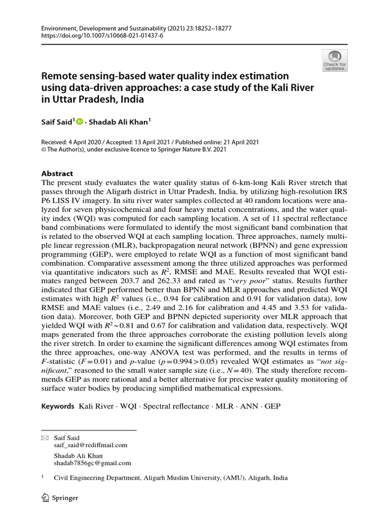 Remote Sensing Based Water Quality Index Estimation Using Data Driven Approaches: A Case Study ...