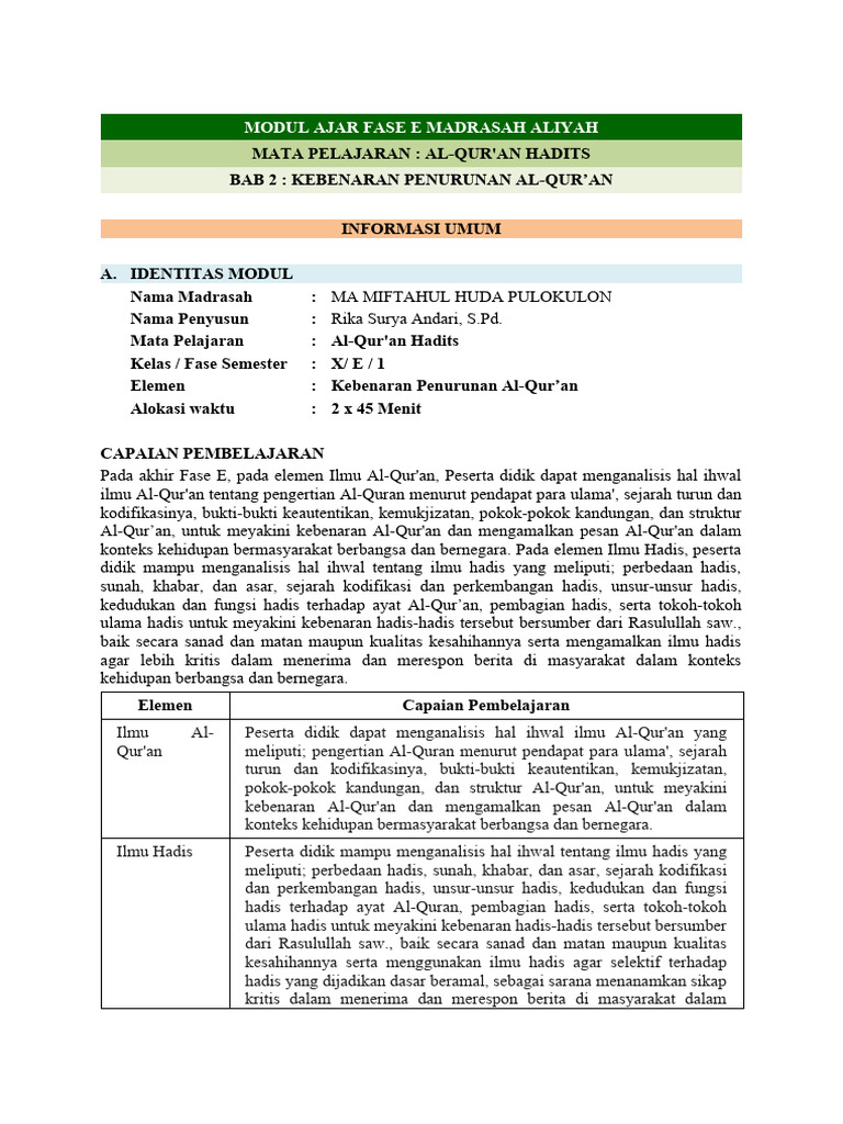 Modul Qurdis 10 Bab 2 - Kebenaran Penurunan Al-Qur'an | PDF