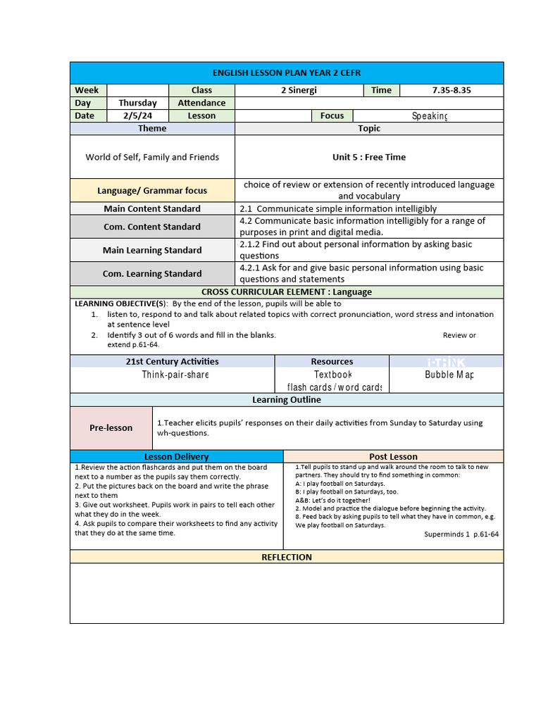 English Lesson Plan Year 2 | PDF | Lesson Plan | Flashcard