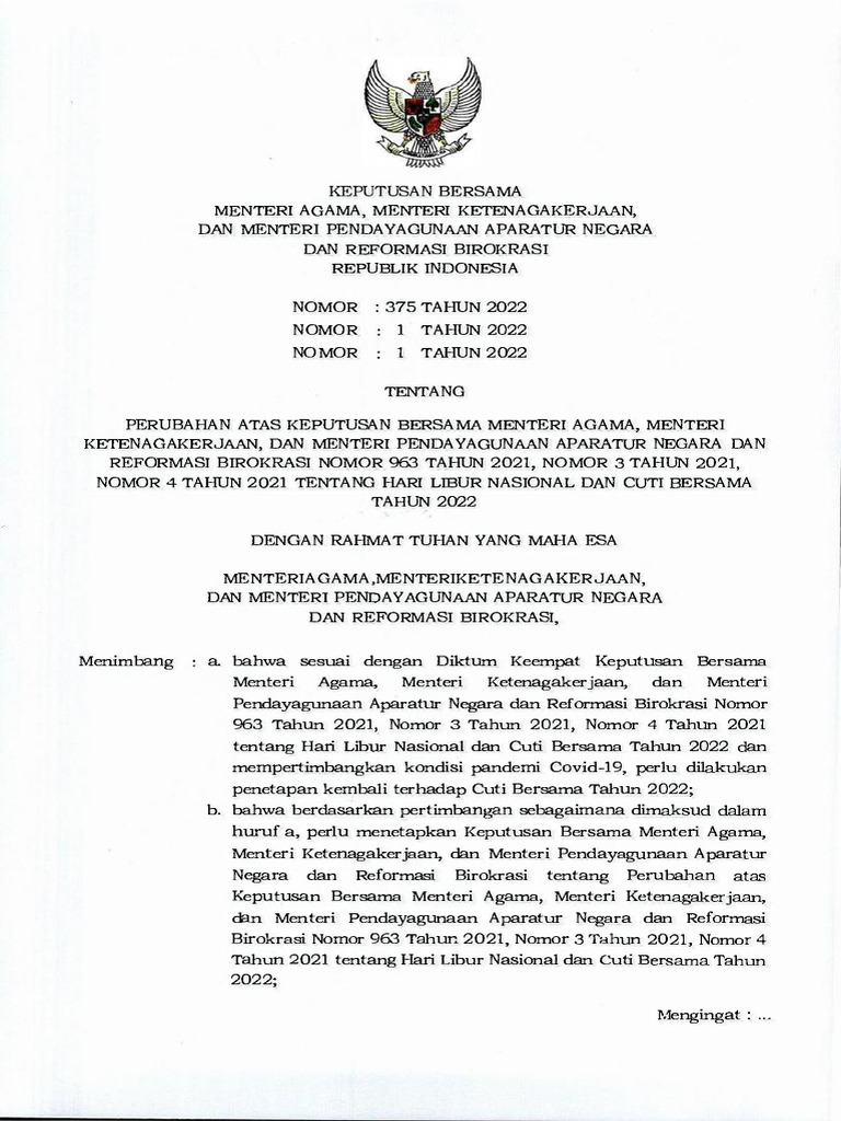 SKB Hari Libur Nasional Dan Cuti Bersama - 2022 | PDF