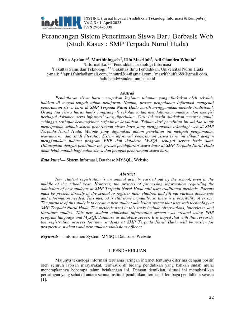 Perancangan Sistem Penerimaan Siswa Baru Berbasis Web (Studi Kasus: SMP Terpadu Nurul Huda) | PDF
