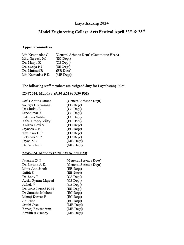 Layatharang 2024 Staff Schedule | PDF