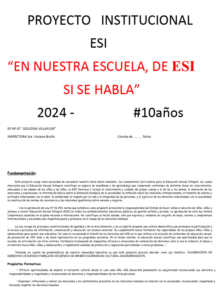 Proyecto Institucional Esi 2024 | PDF | La sexualidad humana | Educación sexual