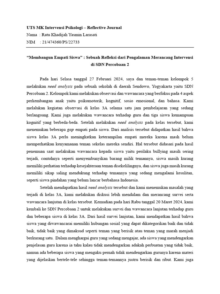 Ratu Khadijah Yasmin Larasati - UTS MK Intervensi Psikologi-Reflective Journal | PDF