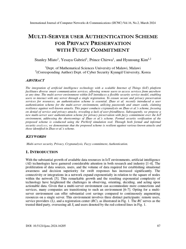 Multi-Server User Authentication Scheme For Privacy Preservation With Fuzzy Commitment | PDF ...