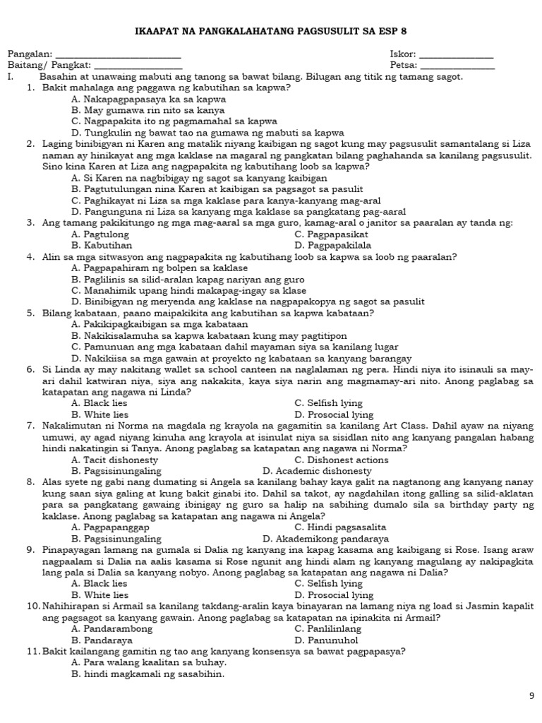ESP 8 4th Quarter Exam | PDF