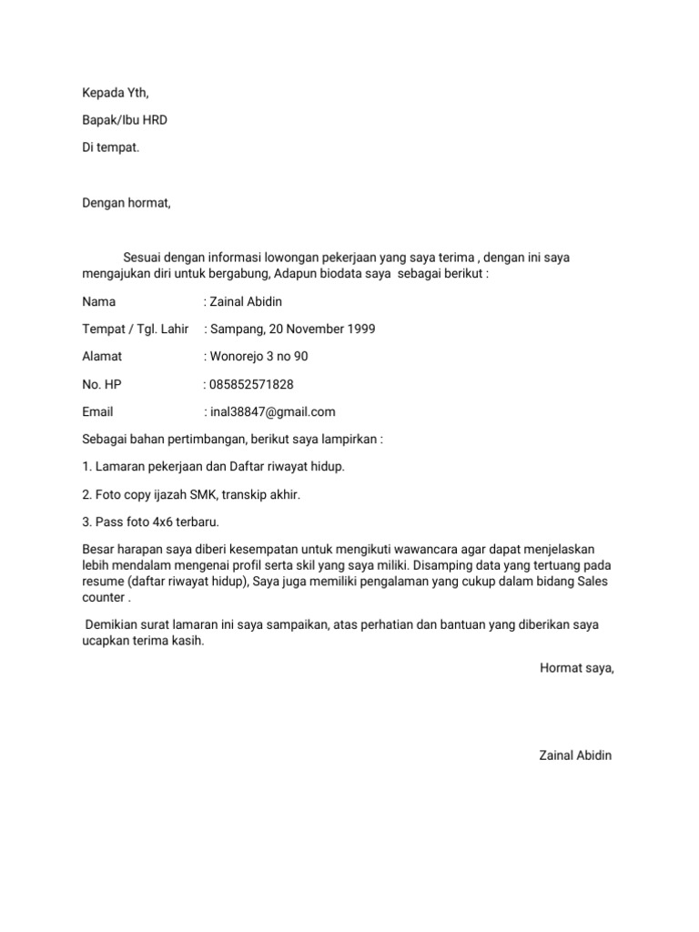 Contoh Surat Lamaran Kerja Simpel | PDF