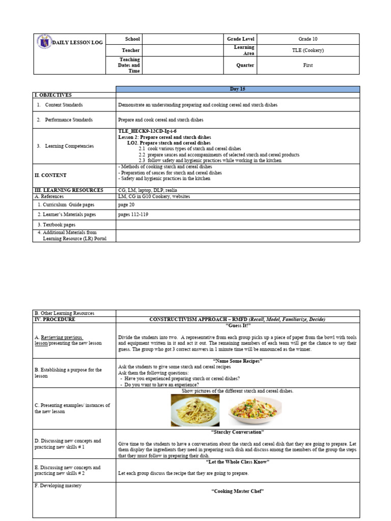 Starch and Cereal Dishes Lesson Plan | PDF | Cooking | Recipe