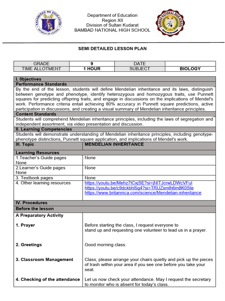 Mendelian Inheritance - Semi Detailed Lesson Plan in Grade 9 Science ... Mendelian Inheritance - Semi Detailed Lesson Plan in Grade 9 Science ...