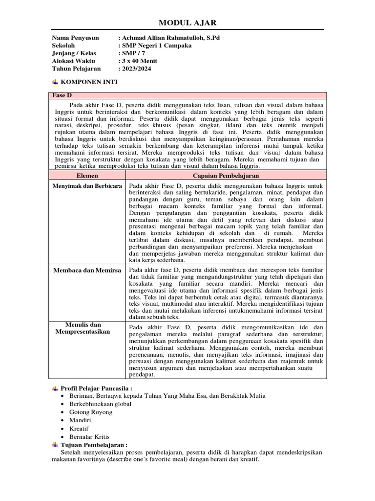 Modul Ajar Bahasa Inggris - Modul Ajar Chapter 2 Culinary and Me - Fase D | PDF