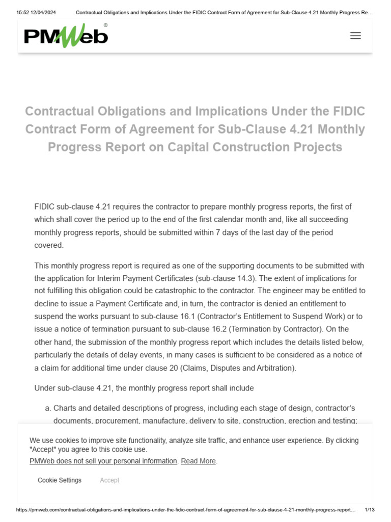 Contractual Obligations and Implications Under The FIDIC Contract Form ...