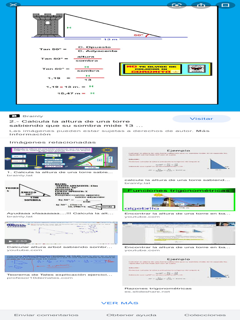 Calcula La Altura de Una Torre Sabiendo Que Su Sombra Mide 13 m Cuando Los Rayos Del Sol Forman ...