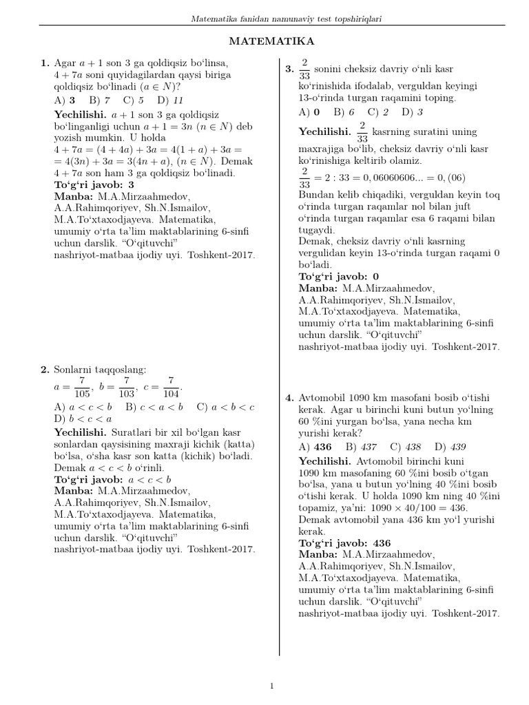 Matematika Uz - 2021 Oliygoh - Uz | PDF