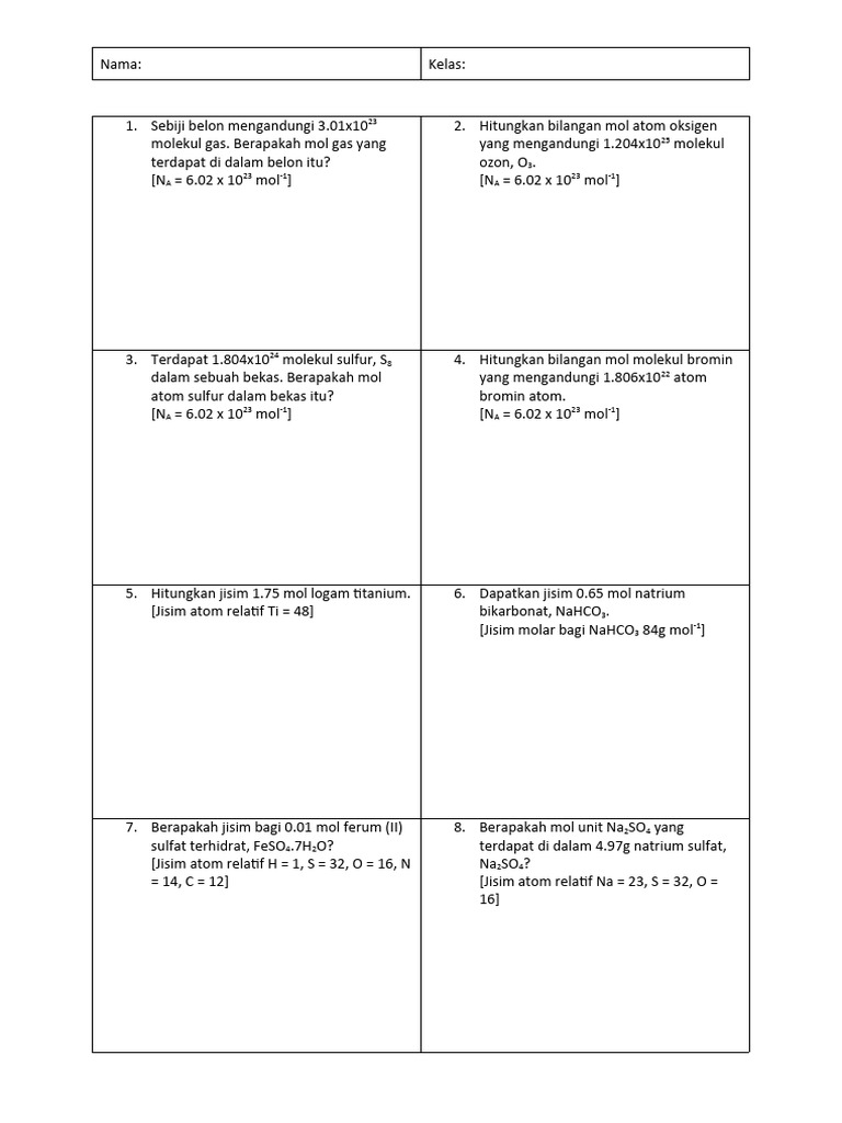 Kuiz Kimia (Pengiraan Mol) | PDF