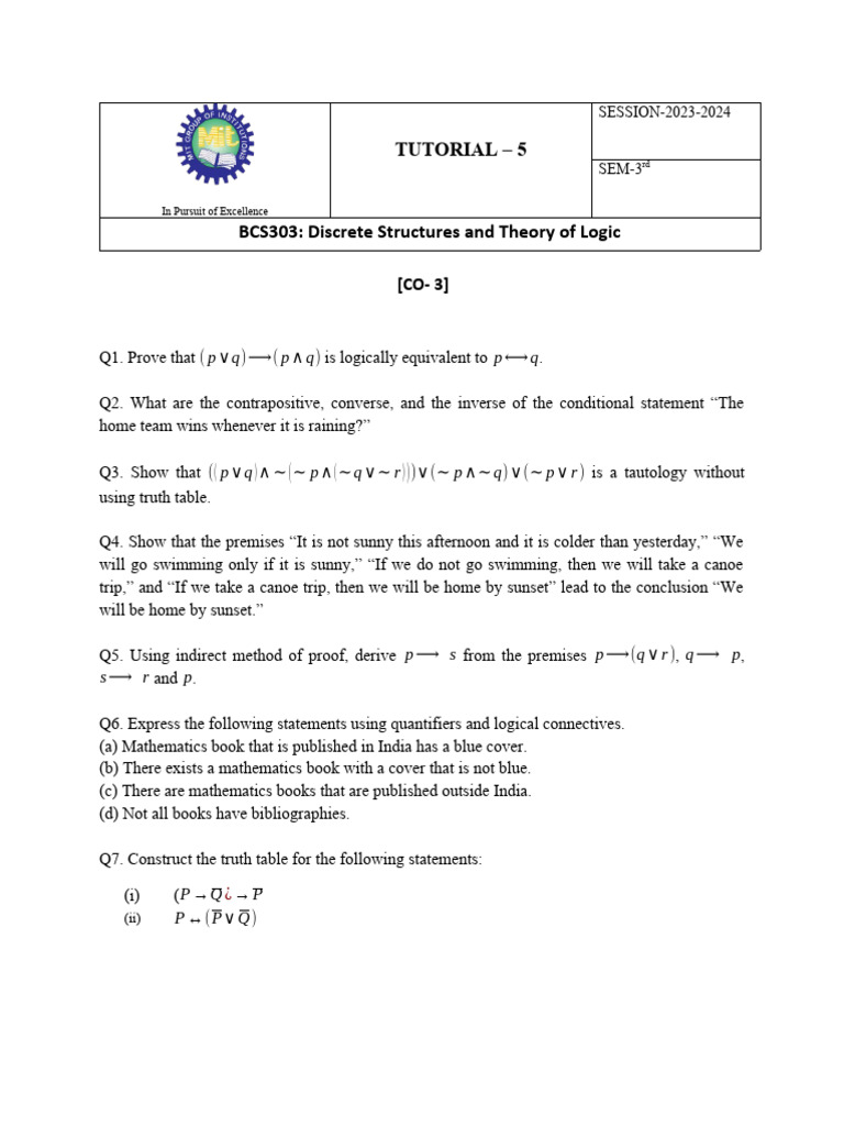Discrete Structures Logic Tutorial 2023 | PDF