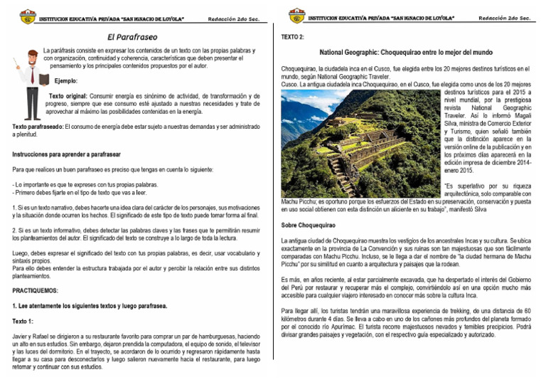 ficha redacción 2do parafraseo | PDF