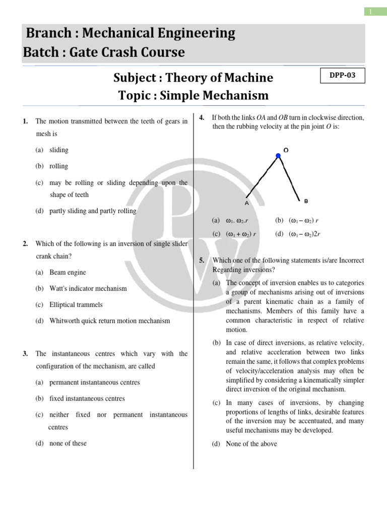 Simple Mechanism - DPP-03 - GATE Crash Course 2023 Mechanical | PDF | Kinematics | Velocity