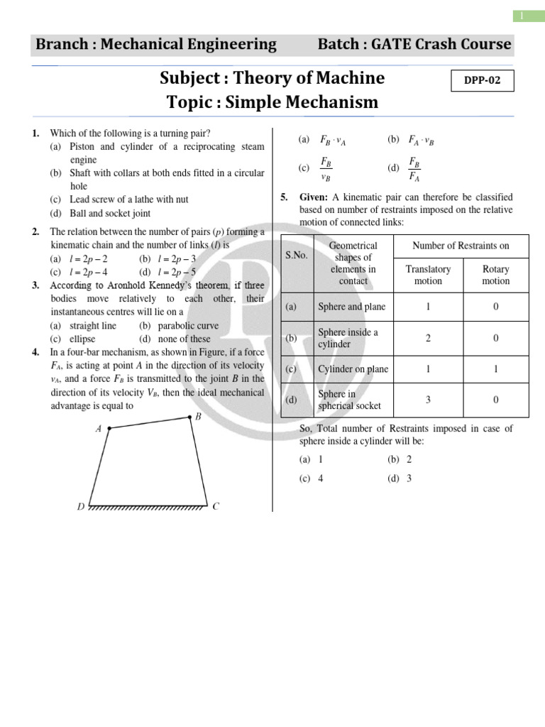 Simple Mechanism - DPP-02 - GATE Crash Course 2023 Mechanical | PDF ...