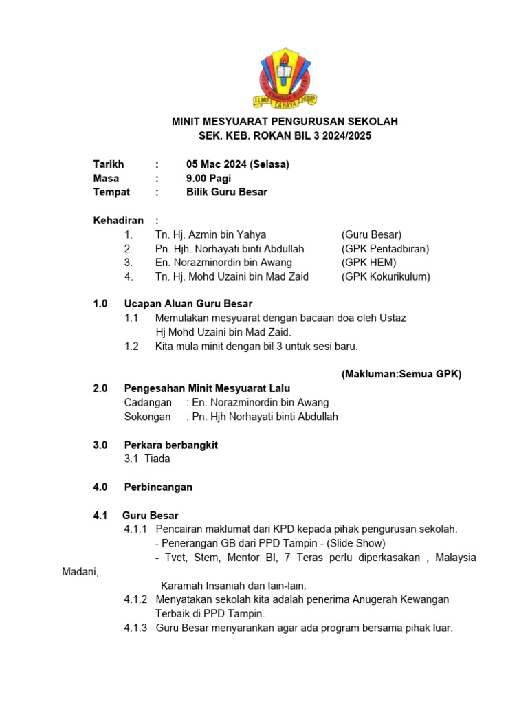 Minit Mesyuarat Pengurusan Bil 3 2024 2025 | PDF