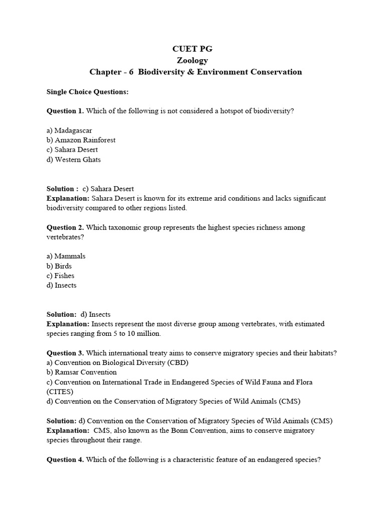 Biodiversity & Conservation Quiz for CUET PG | PDF | Conservation ...