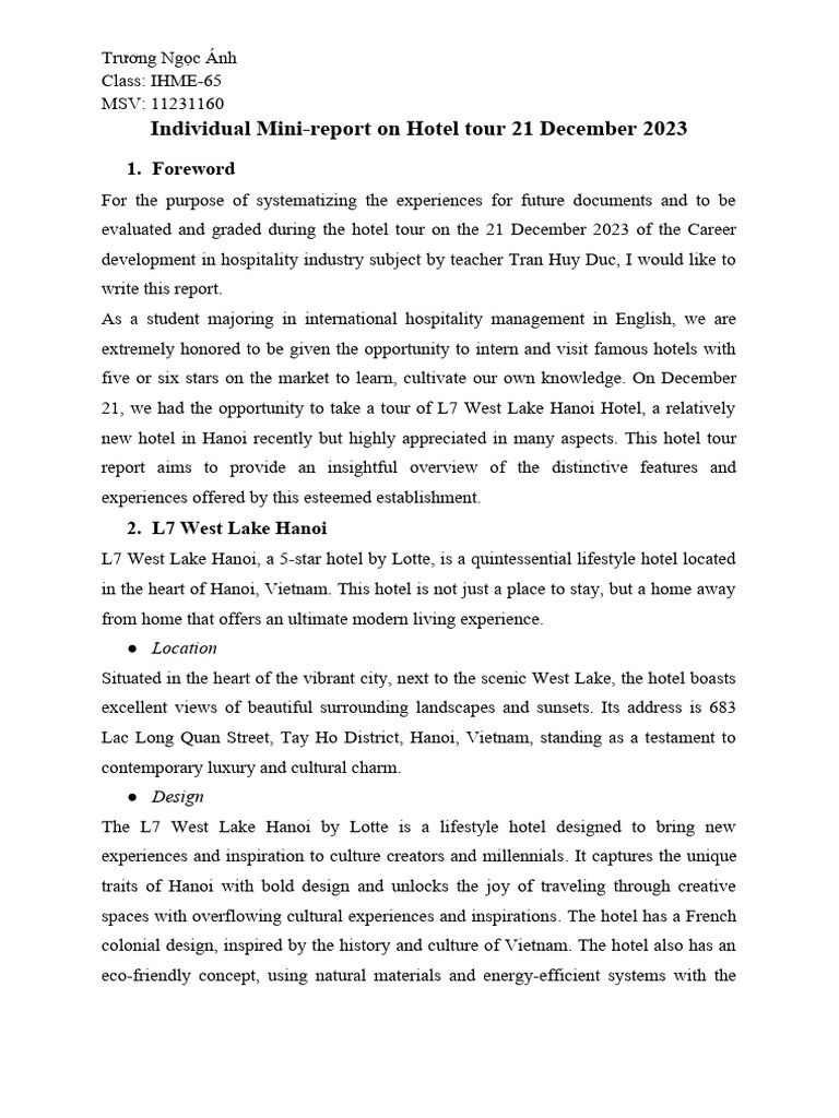 Hospitality Student's Hotel Tour Report | PDF | Hanoi | Hotel