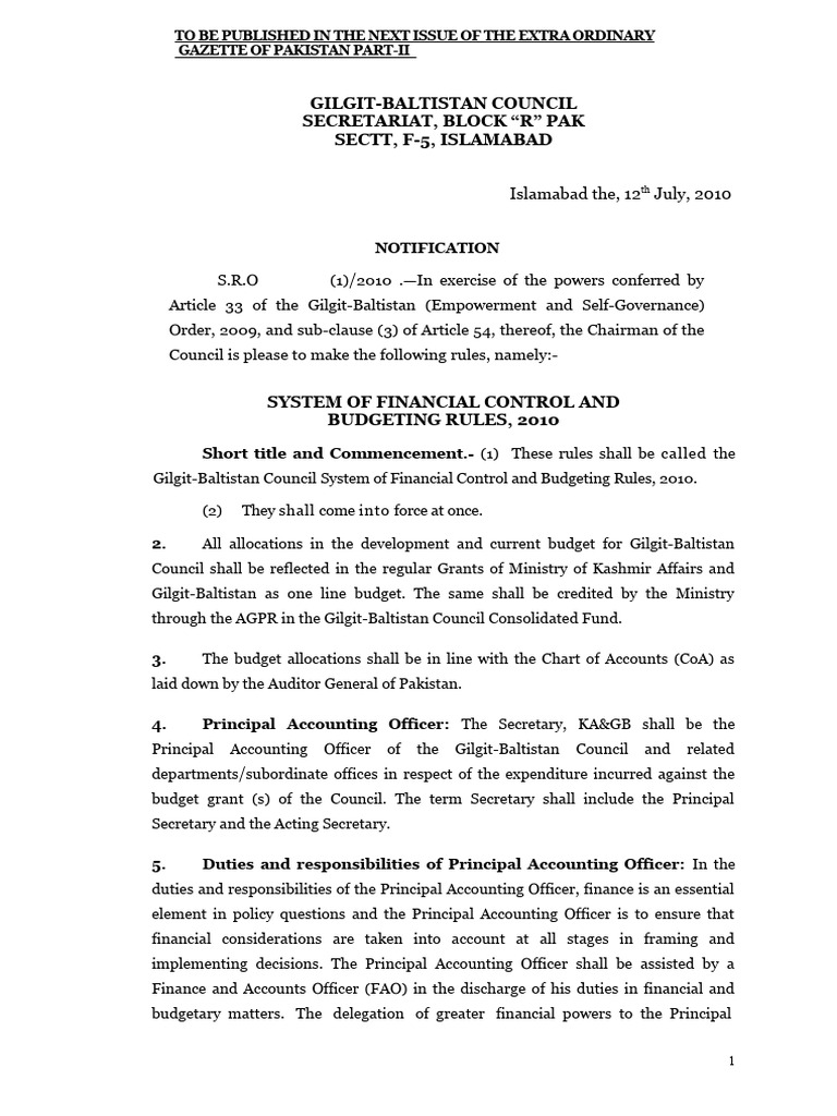 Gilgit-Baltistan Council System of Financial Control and Budgeting Rules, 2010 | Download Free ...