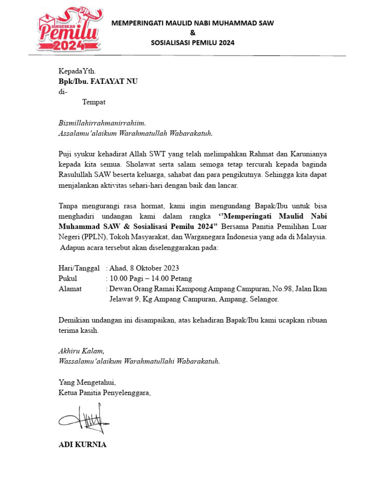 Surat Undangan (Yth. Fatayat NU) | PDF