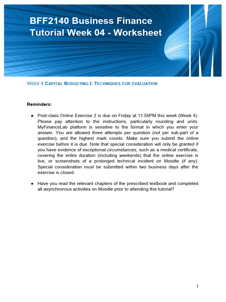 Week 4 Tutorial Worksheet - For Student | PDF | Net Present Value ...
