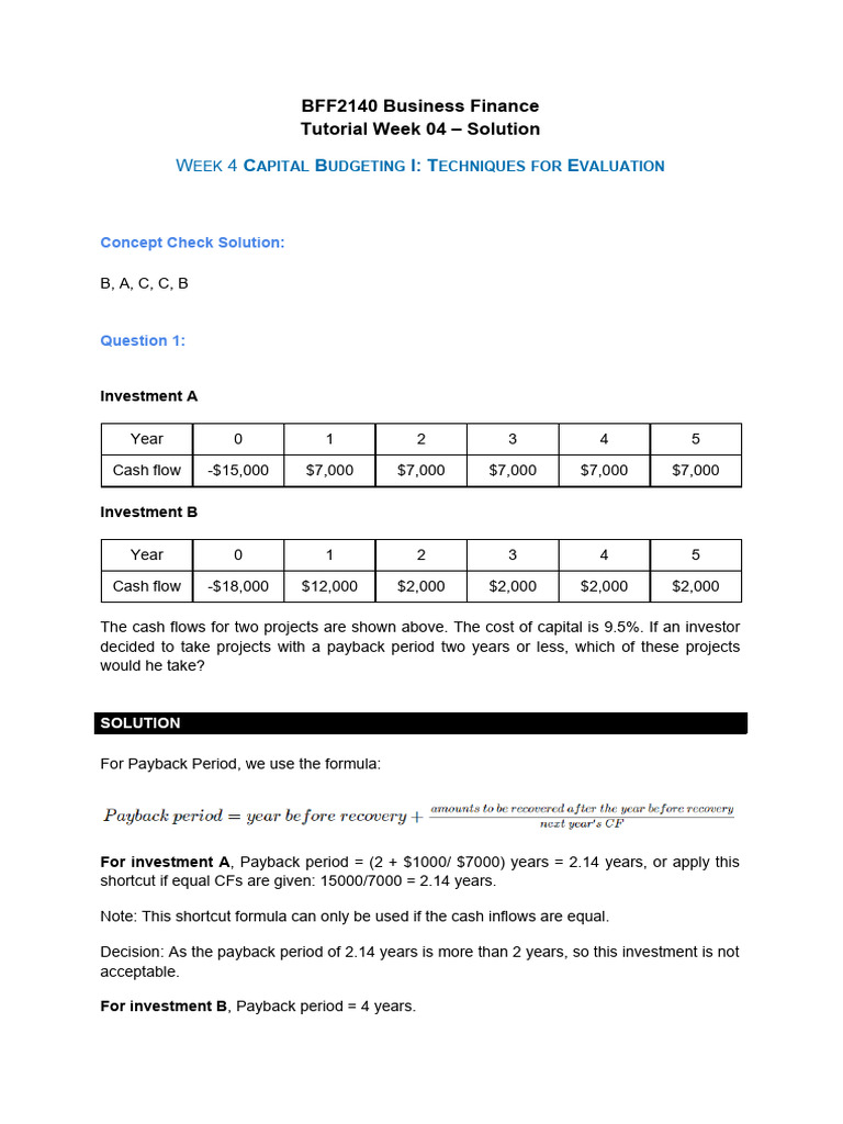 Week 4 Tutorial Worksheet Solution - for Student | Download Free PDF | Net Present Value ...